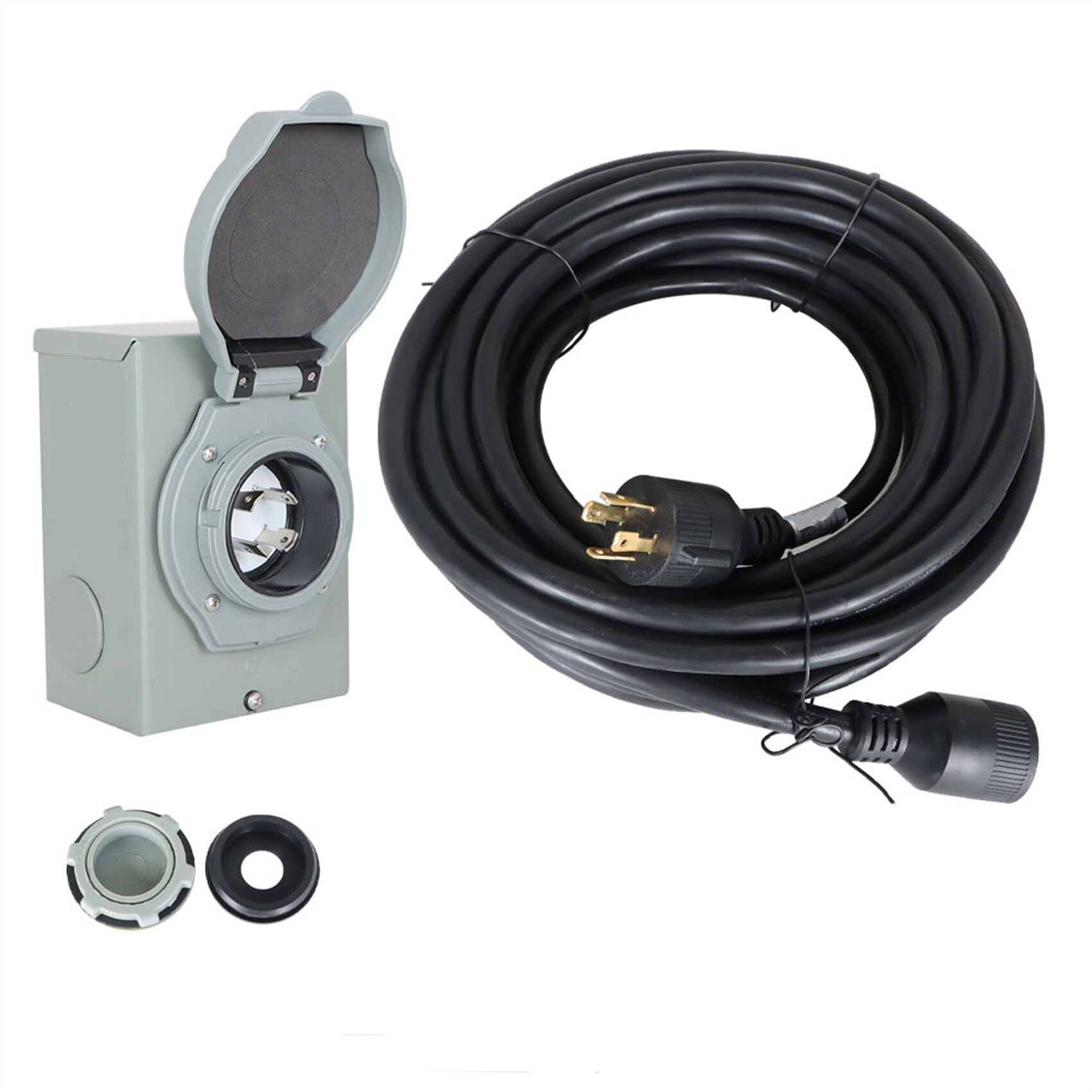 50 FT RV Power Extension Generator Cord 30 Amp + 4-Prong Grey Inlet Box ...