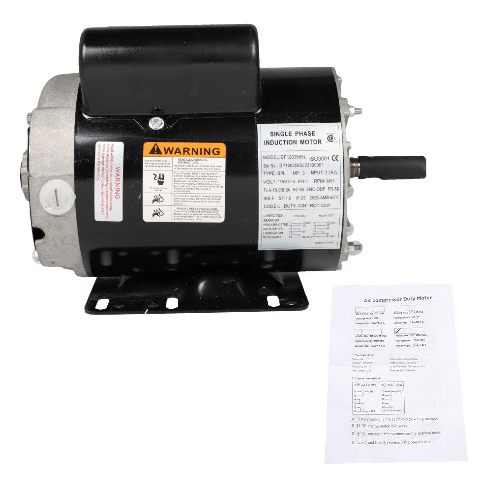 Electric Motor 3 HP 3450 RPM Compressor Duty 56Frame 1Phase 115/230V 5 ...
